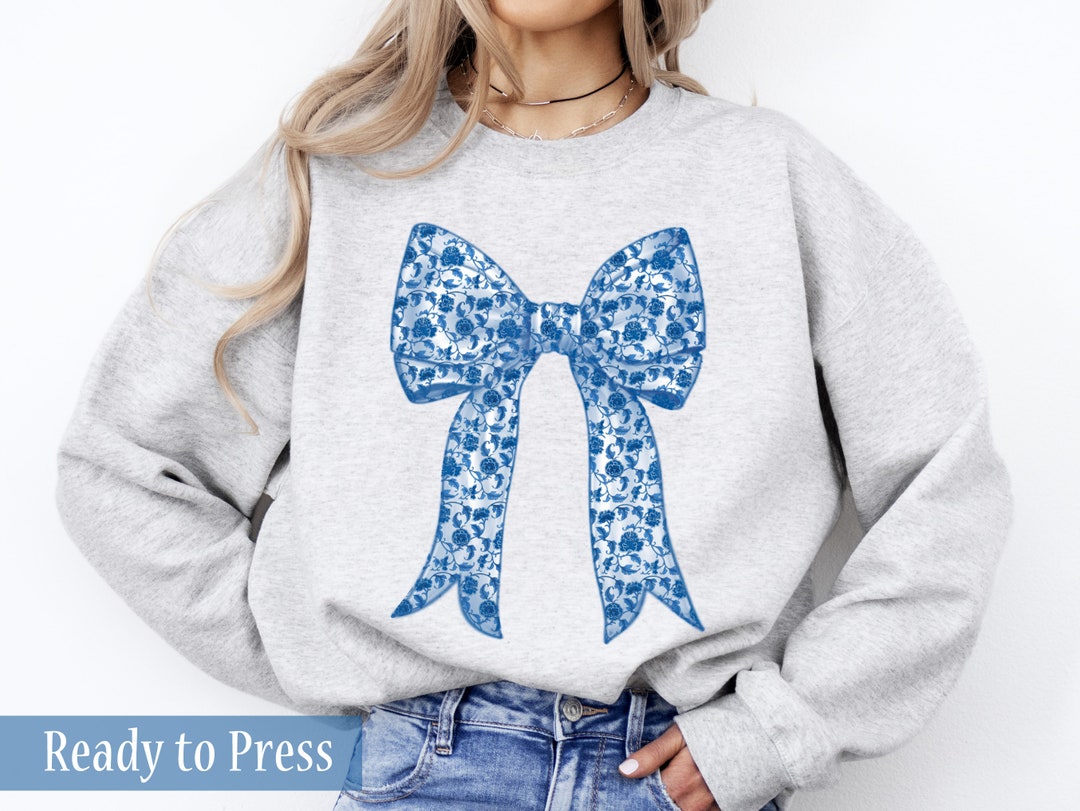 Coquette Blue Floral Chinoiserie Bow - Ready to Press DTF Transfers ...