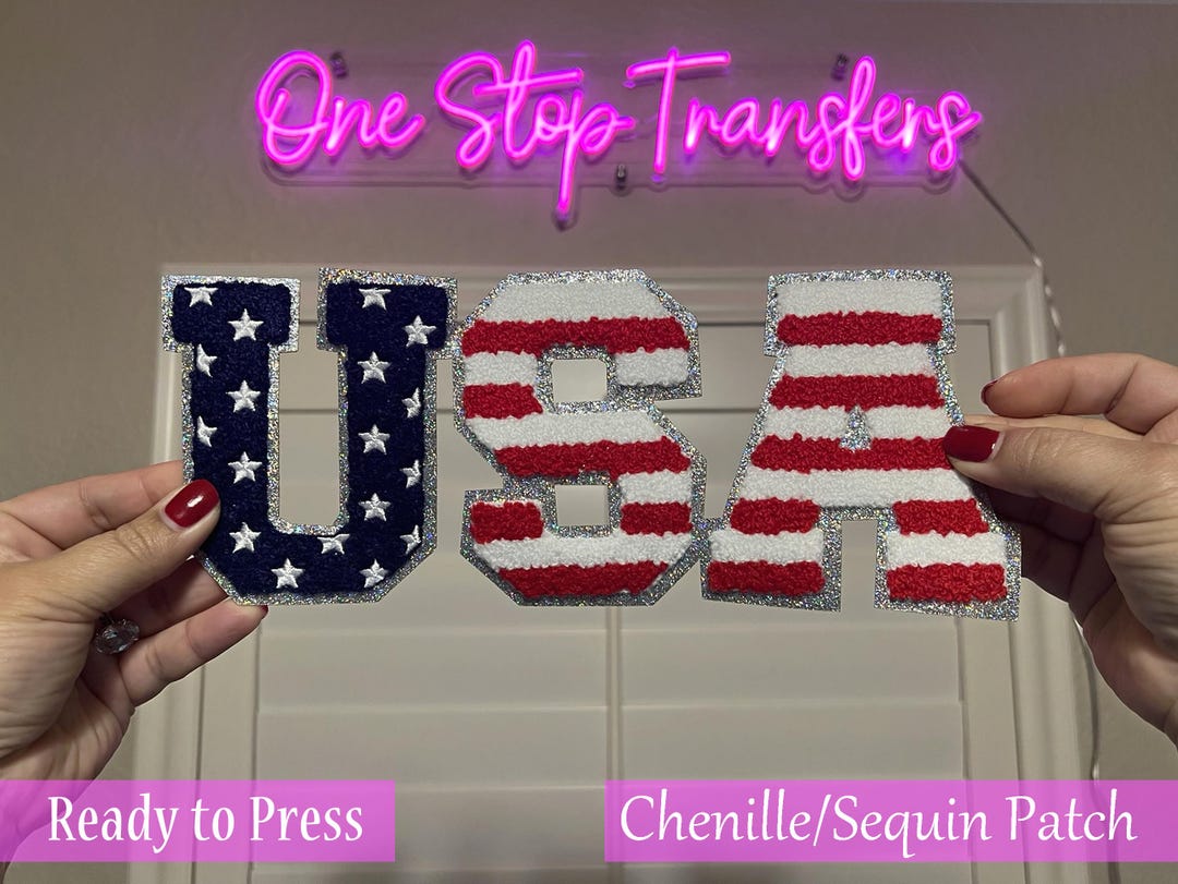 USA American Flag Chenille Letters Iron on Patch - Ready to Press Patches - Iron on Patch - T ...
