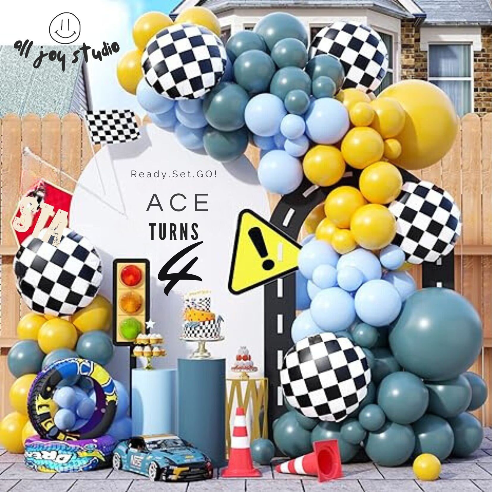 Race Car Balloons Garland Arch Kit, Checkered Retro Yellow Blue ...