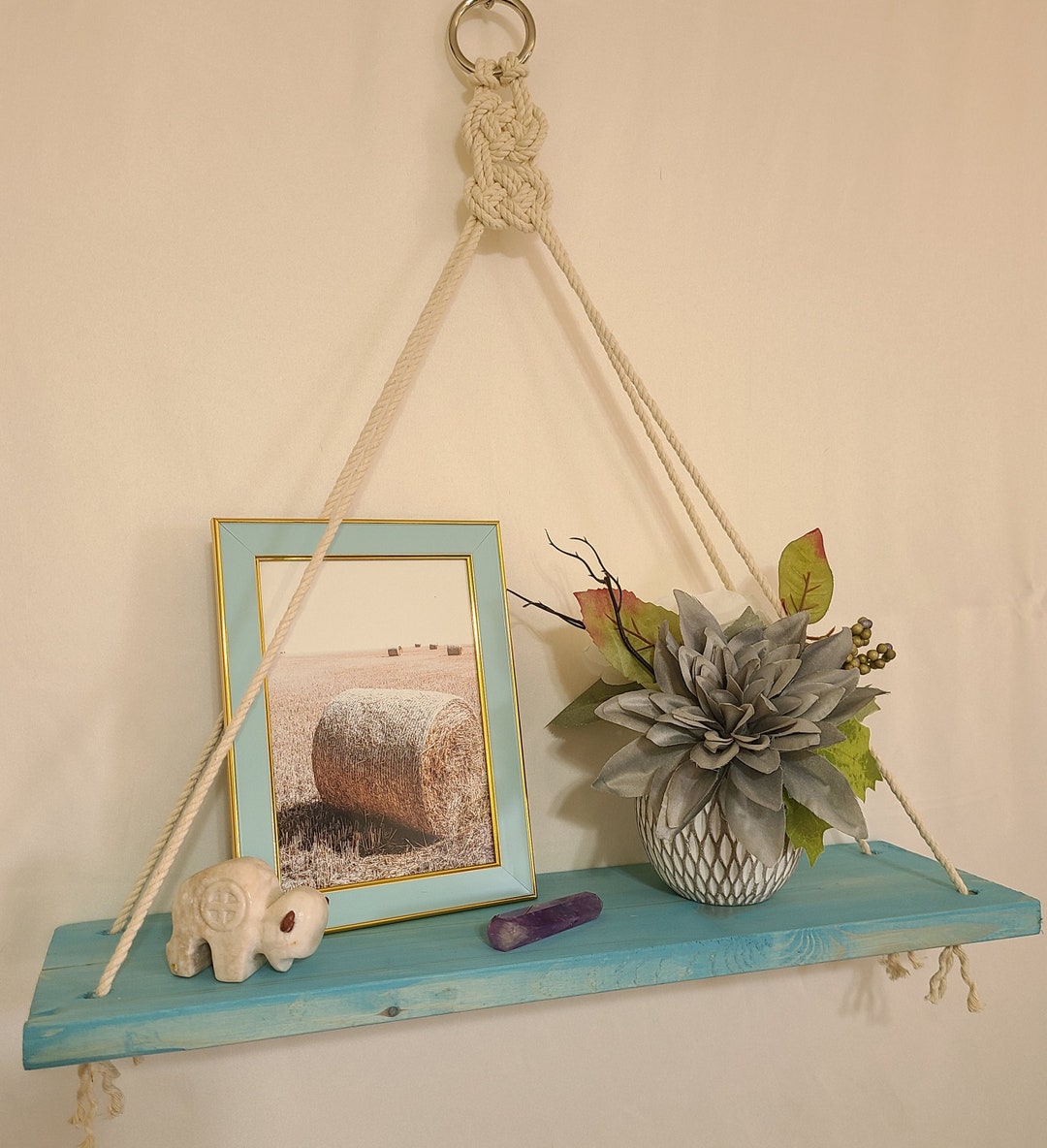 Hanging Wood Shelf, Macrame Plant Shelf, Bathroom Wall Shelf, Rustic ...