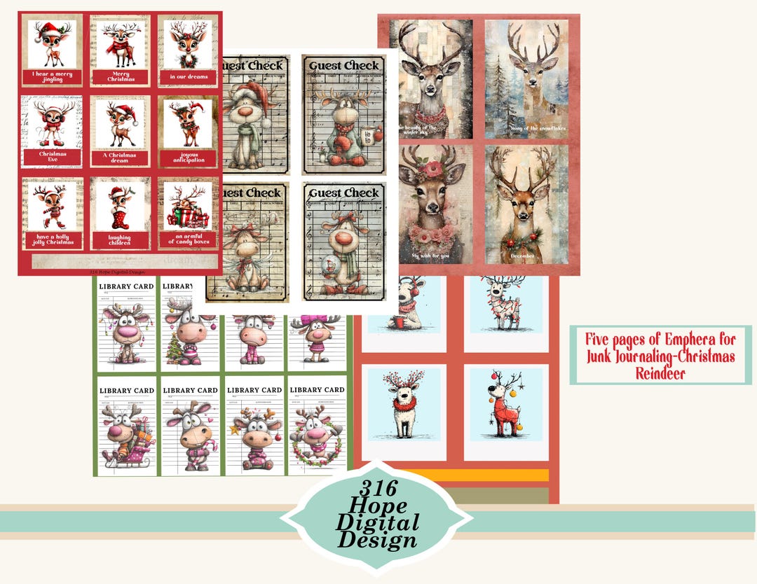 Reindeer Journal Cards: Christmas -five (5) Pages, PDF Printable - Etsy