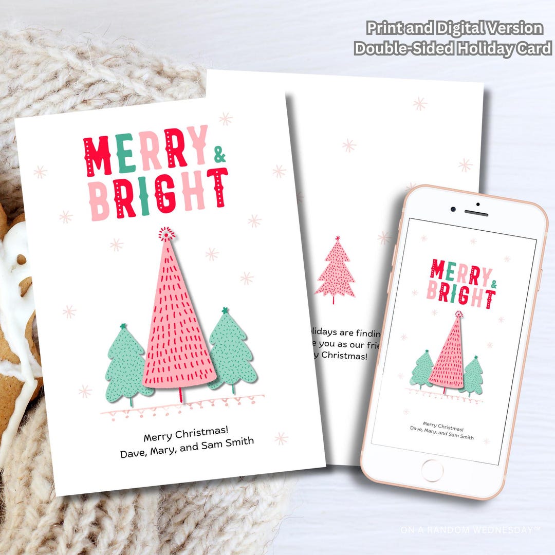 Merry and Bright Christmas Card, Trees, Mobile and Print (digital ...
