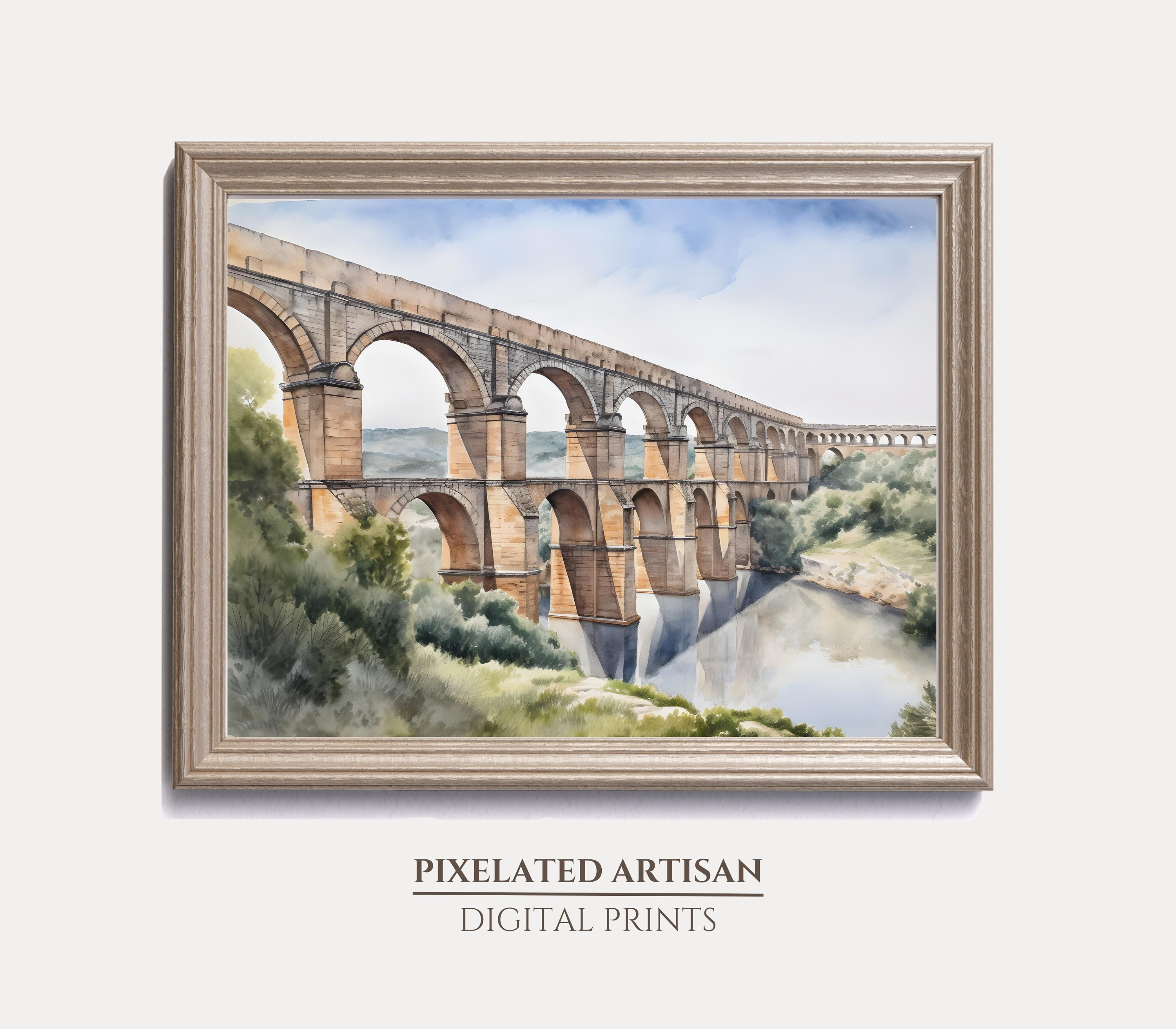 Pont Du Gard Watercolour Painting Digital Download Wall Decor Vintage ...