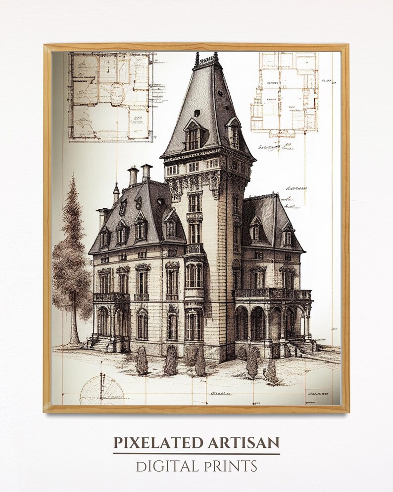 French Chateau Technical Drawings Printable Artworks Wall - Etsy
