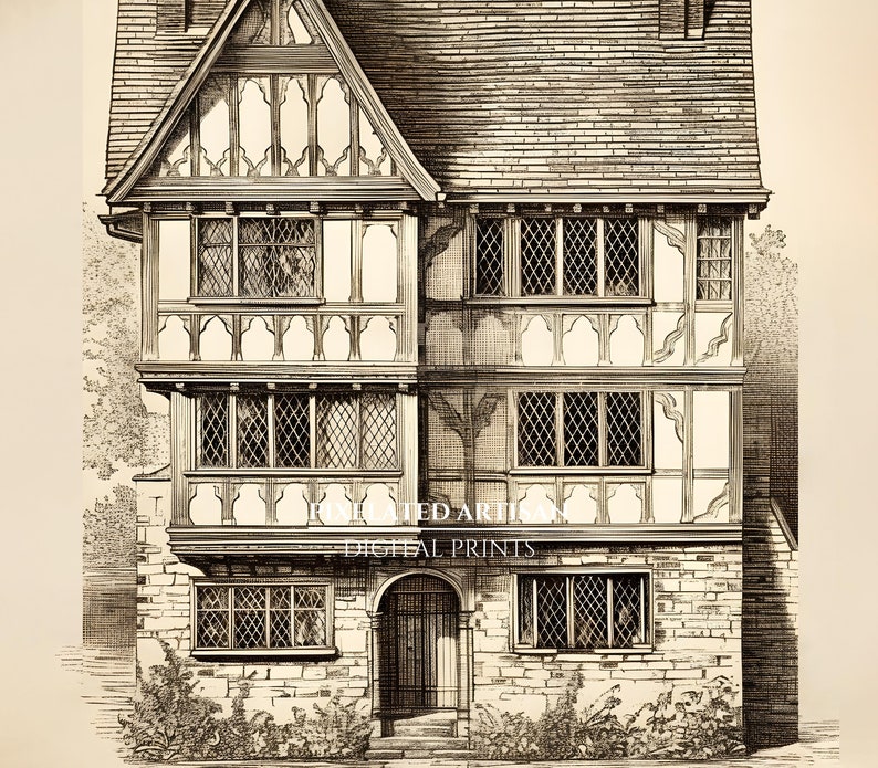 English Tudor House Technical Drawing Vintage Digital Art for ...