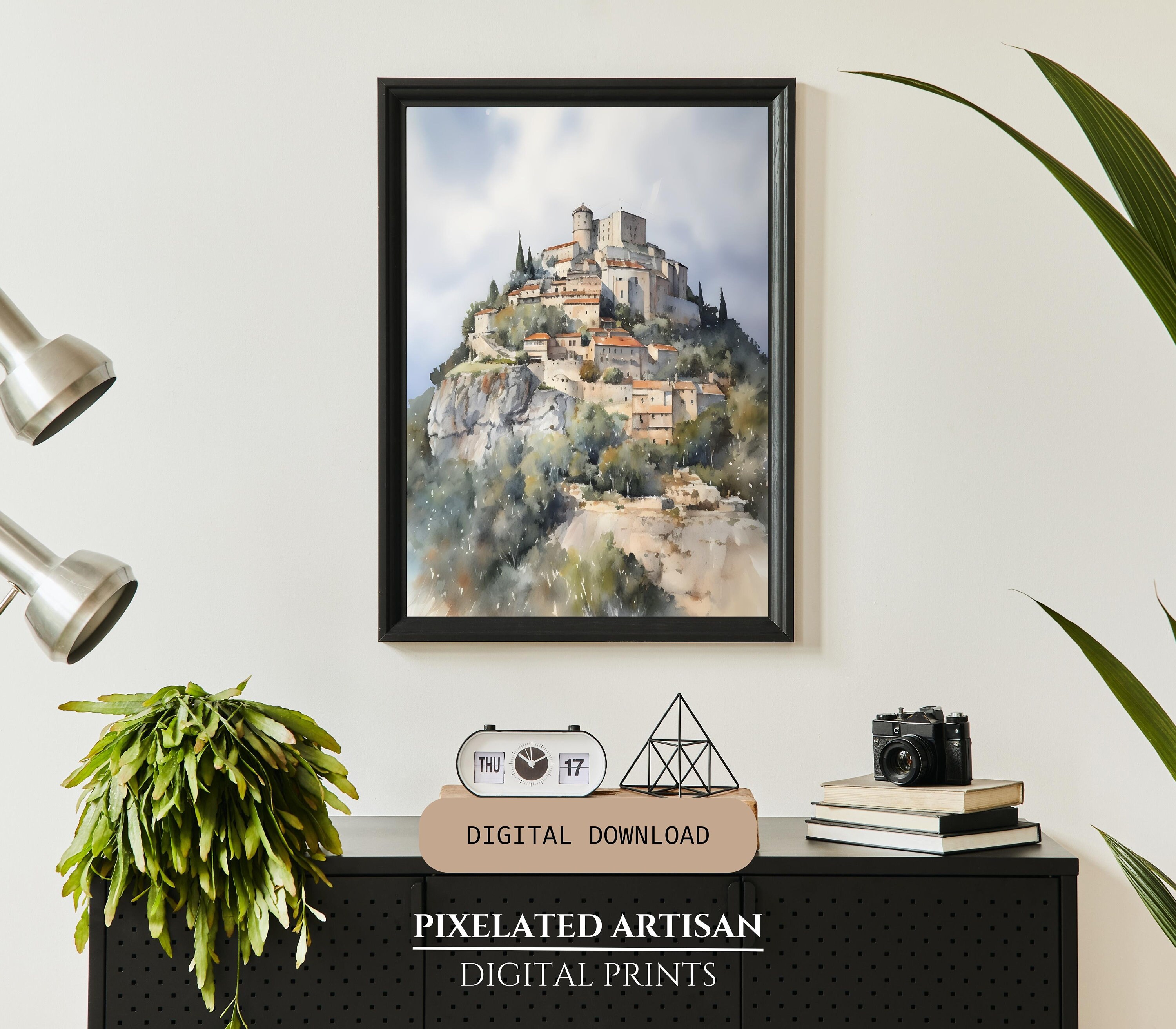 Eze French Riviera Watercolor Painting: Vintage European Wall Art ...
