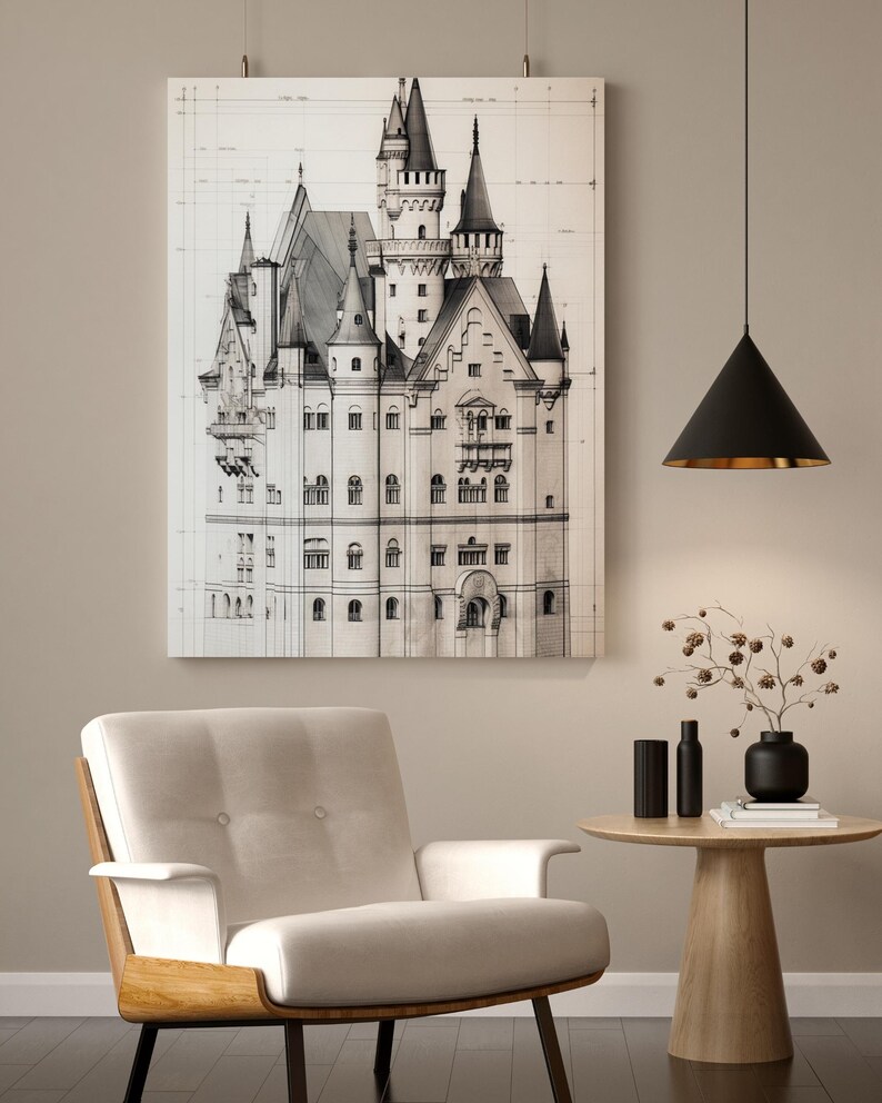 Neuschwanstein Castle Technical Drawing Printable Artworks - Etsy