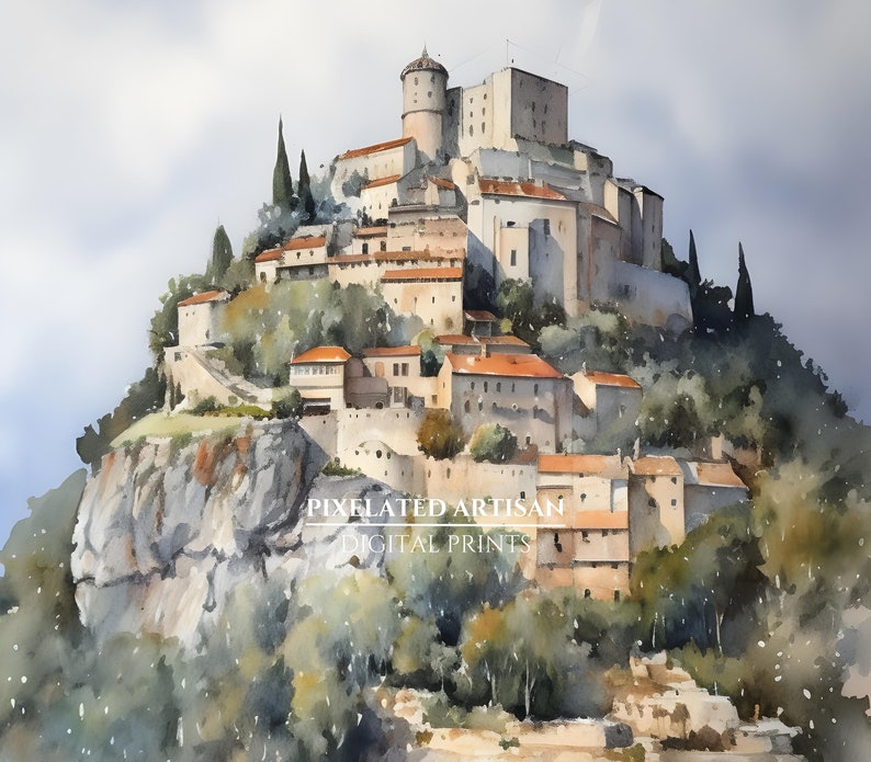 Eze French Riviera Watercolor Painting: Vintage European Wall Art ...