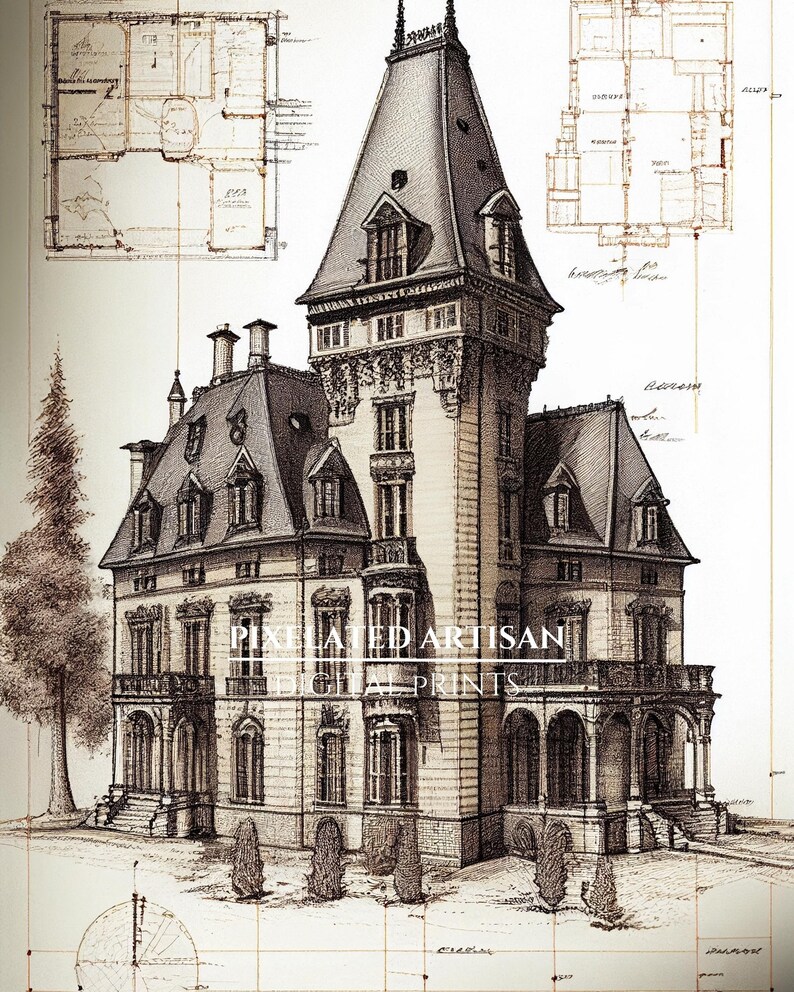 French Chateau Technical Drawings Printable Artworks Wall - Etsy