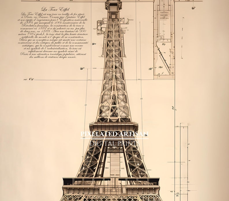 Eiffel Tower Technical Drawing - Printable Artworks - Wall Decor - Wall ...