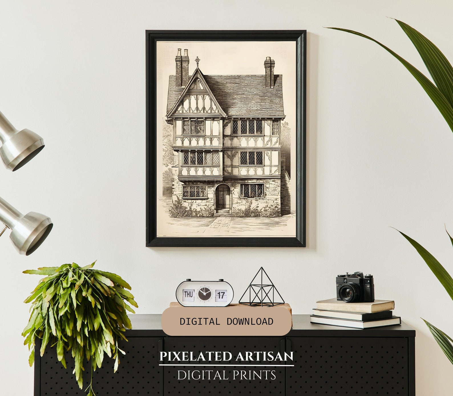 English Tudor House Technical Drawing Vintage Digital Art for ...