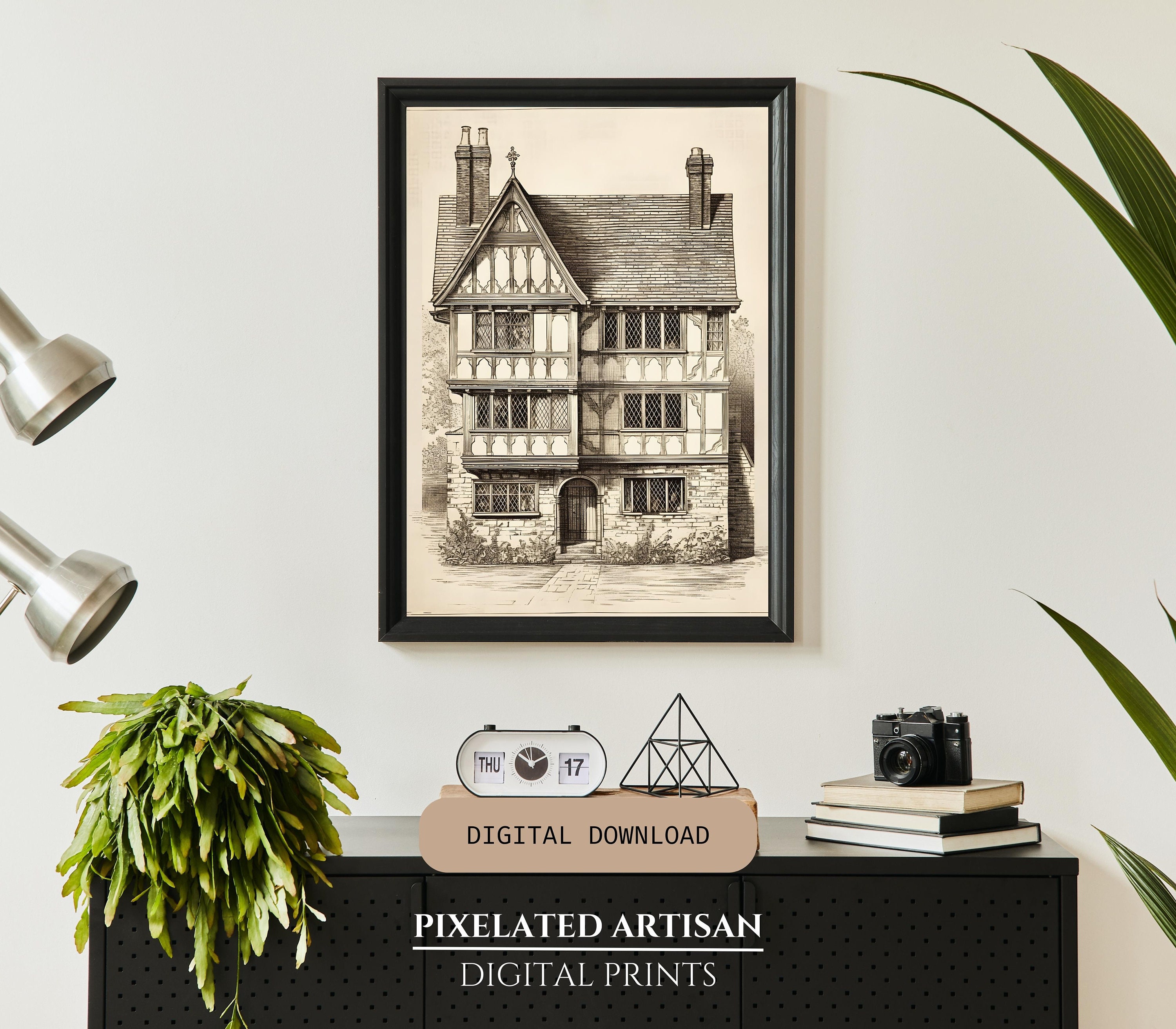 English Tudor House Technical Drawing Vintage Digital Art for ...