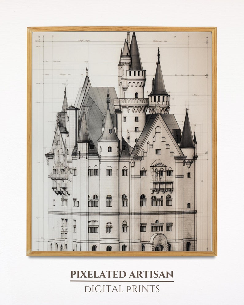 Neuschwanstein Castle Technical Drawing Printable Artworks - Etsy