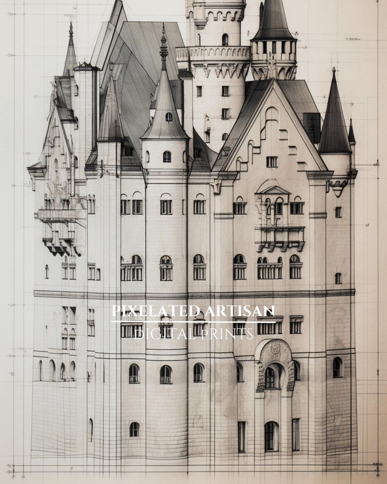 Neuschwanstein Castle Technical Drawing Printable Artworks - Etsy