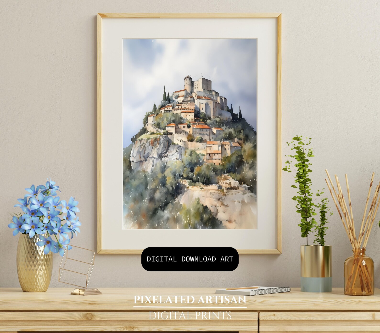 Eze French Riviera Watercolor Painting: Vintage European Wall Art ...