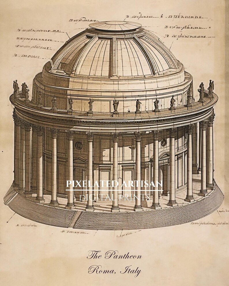 The Pantheon Rome Technical Drawing Printable Artworks - Etsy