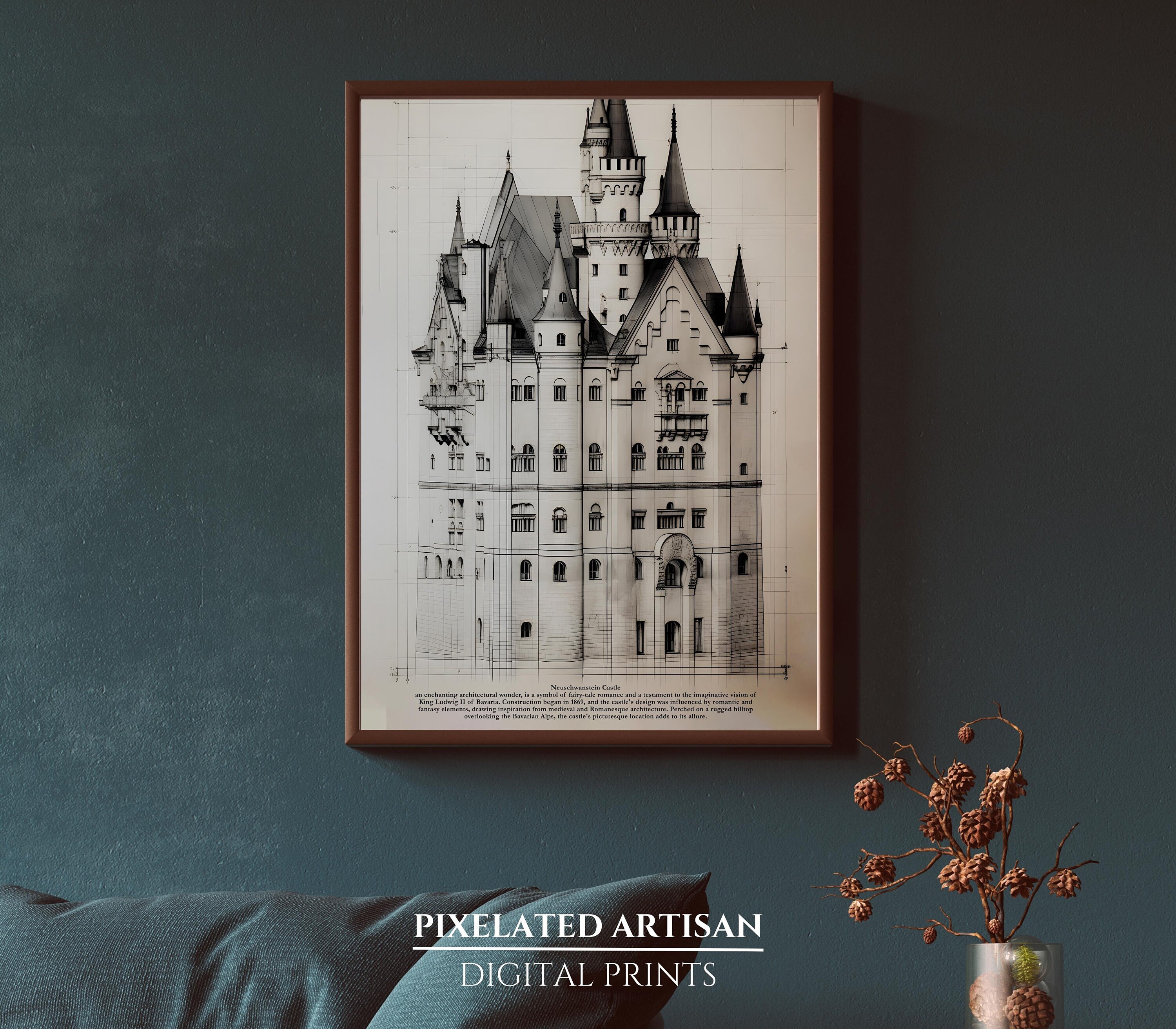 Neuschwanstein Castle Technical Drawing Vintage Printable Art ...