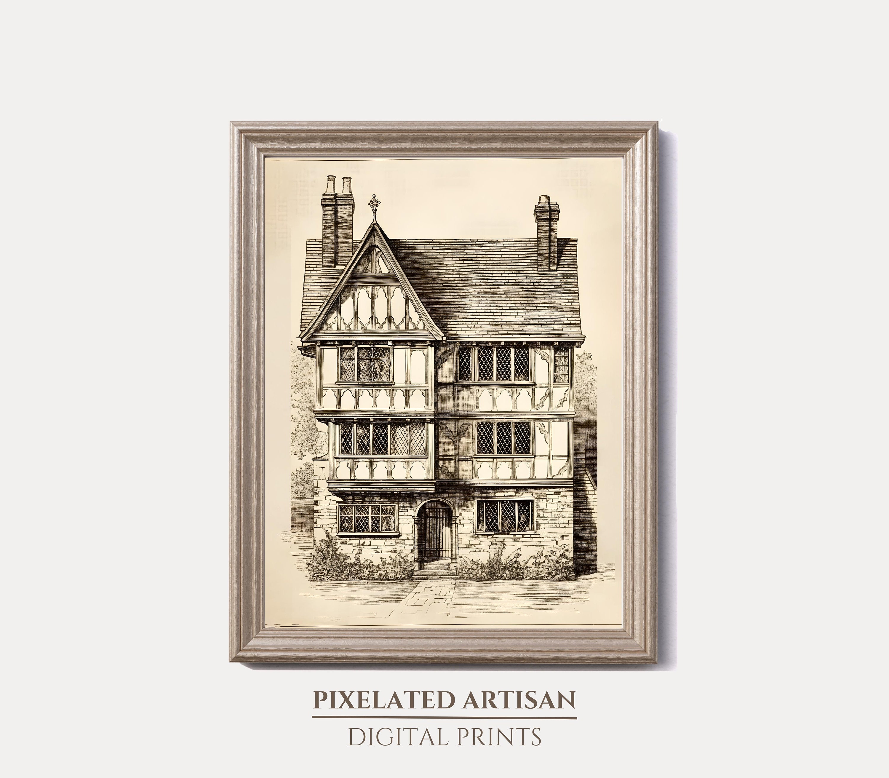 English Tudor House Technical Drawing Vintage Digital Art for ...