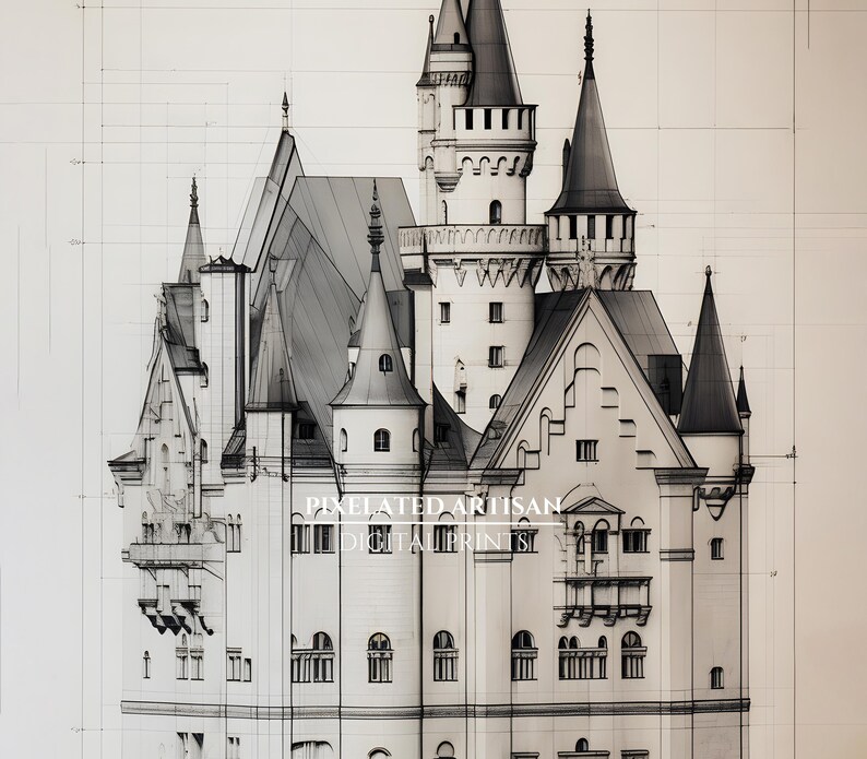 Neuschwanstein Castle Technical Drawing | Vintage Printable Art ...