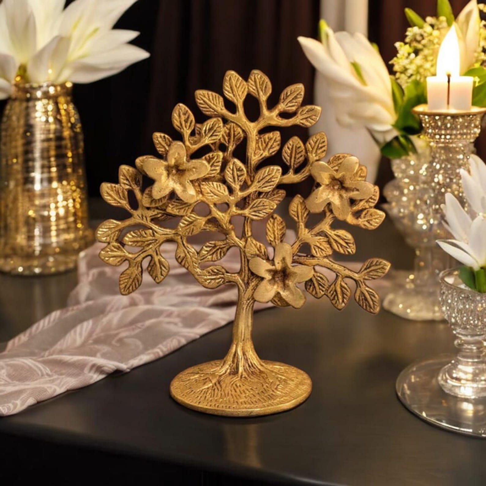 Handcrafted Brass Tree Decor With Floral Detailing | Decorative Metal ...