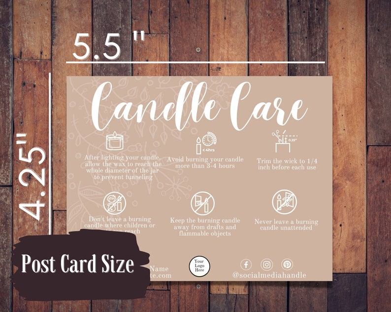 Editable Candle Care Card Template, Tan With Flower Printable Candle ...