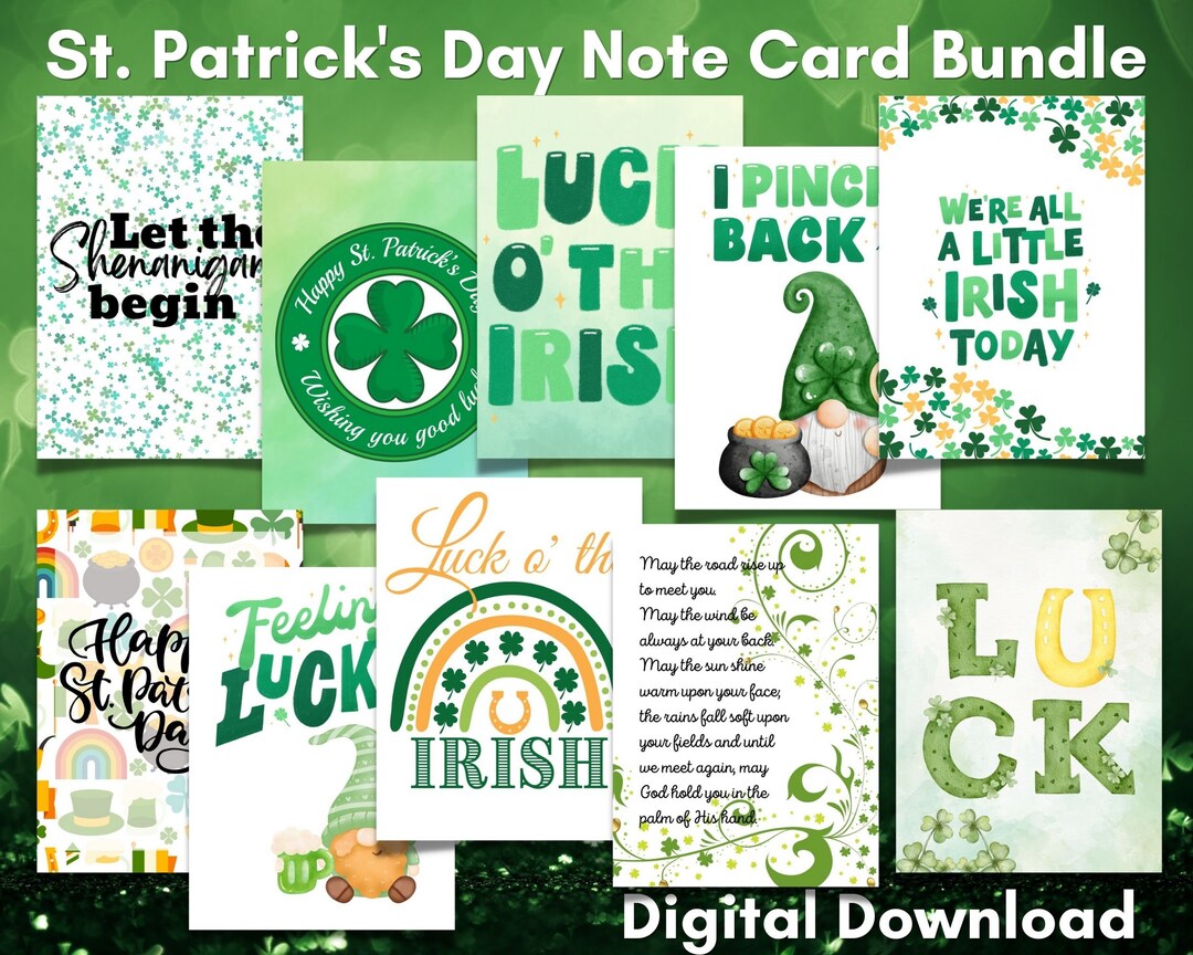 St. Patrick's Day Printable Note Card Bundle, Digital Download, INSTANT ...