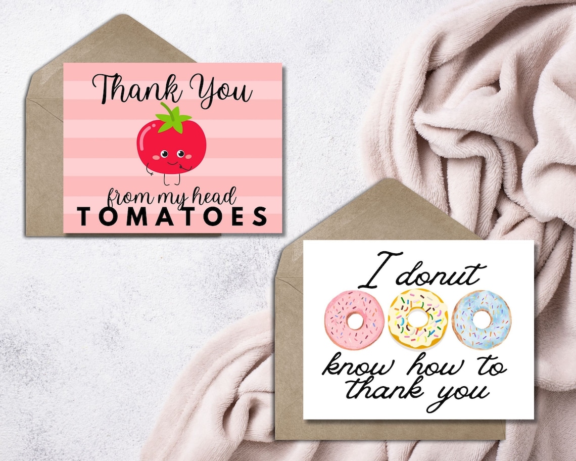 Thank You Food Pun Printable Note Card Bundle, Foldable Funny Thank You ...