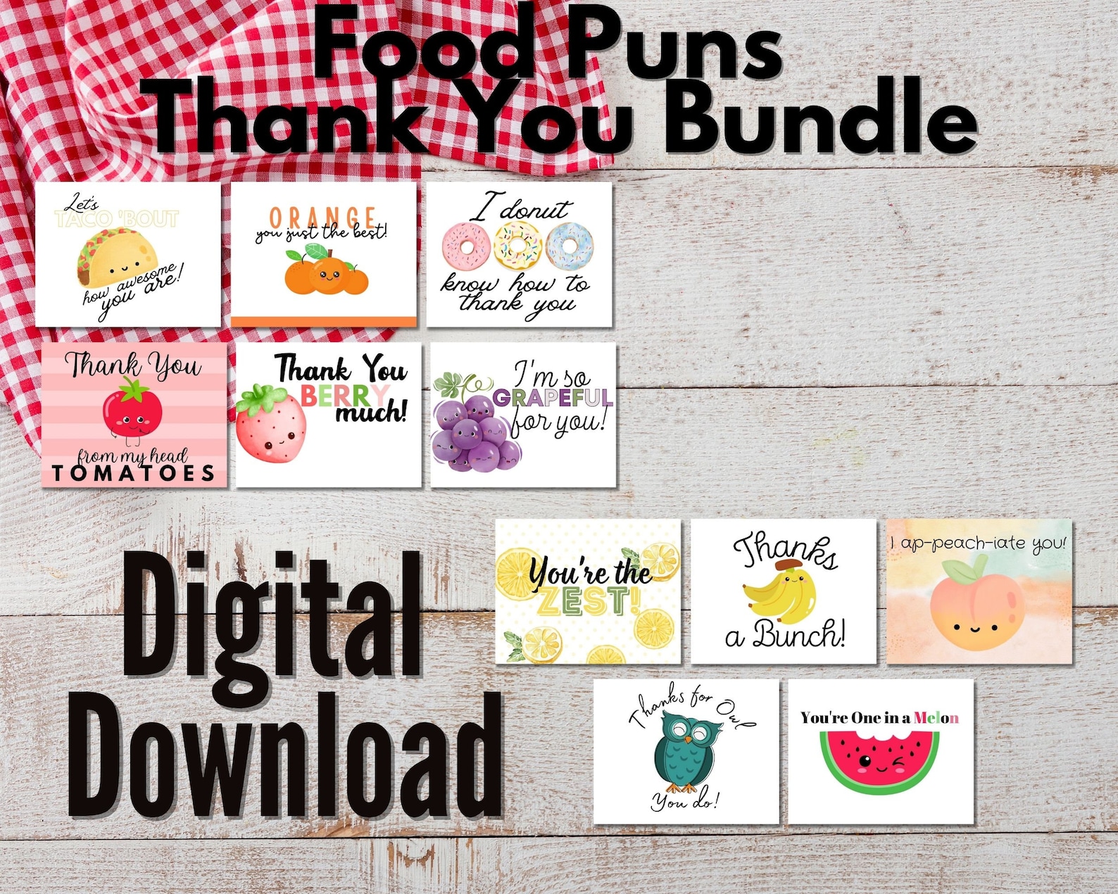 Thank You Food Pun Printable Note Card Bundle, Foldable Funny Thank You ...