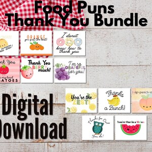 Thank You Food Pun Printable Note Card Bundle, Foldable Funny Thank You ...