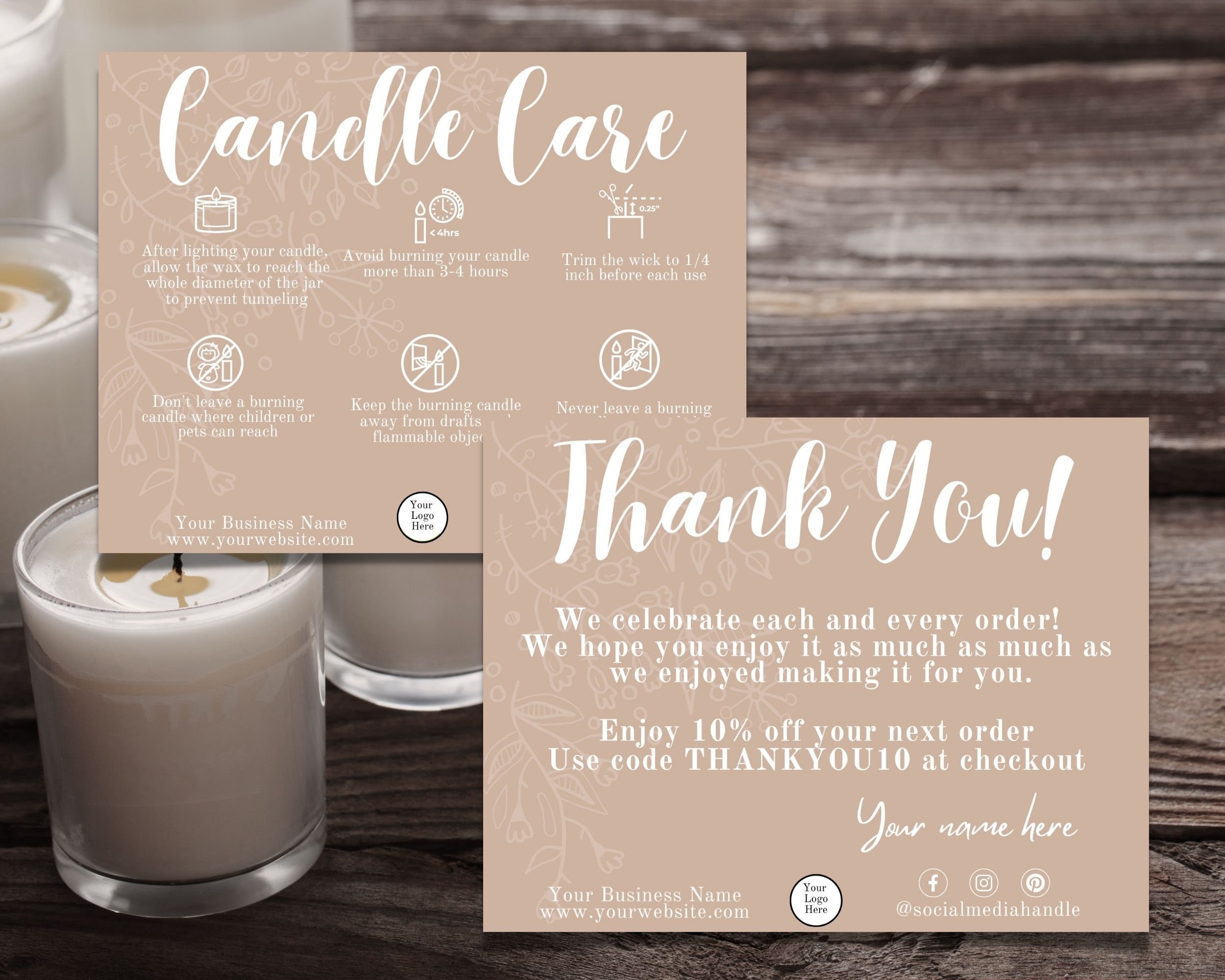Editable Candle Care Card Template, Tan With Flower Printable Candle ...