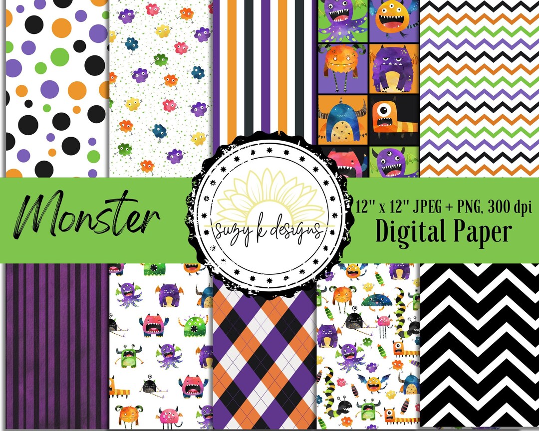 Monster Digital Paper, Halloween Patterened Digital Scrapbook Paper ...