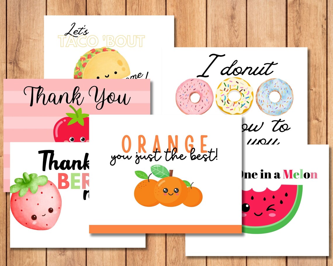 Thank You Food Pun Printable Note Card Bundle, Foldable Funny Thank You ...