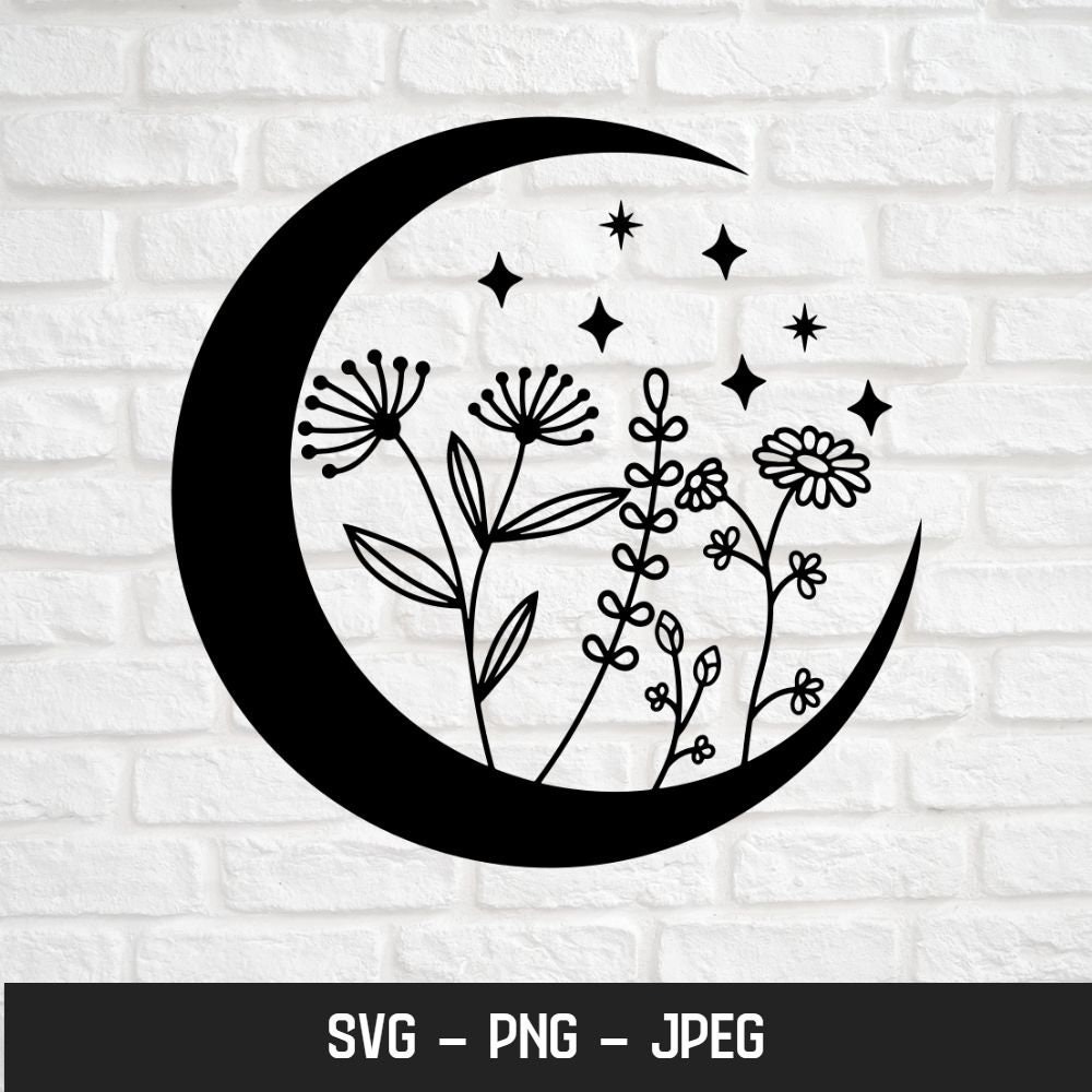 Half Moon SVG, Sunflower and Moon SVG, Floral Moon SVG, Digital ...