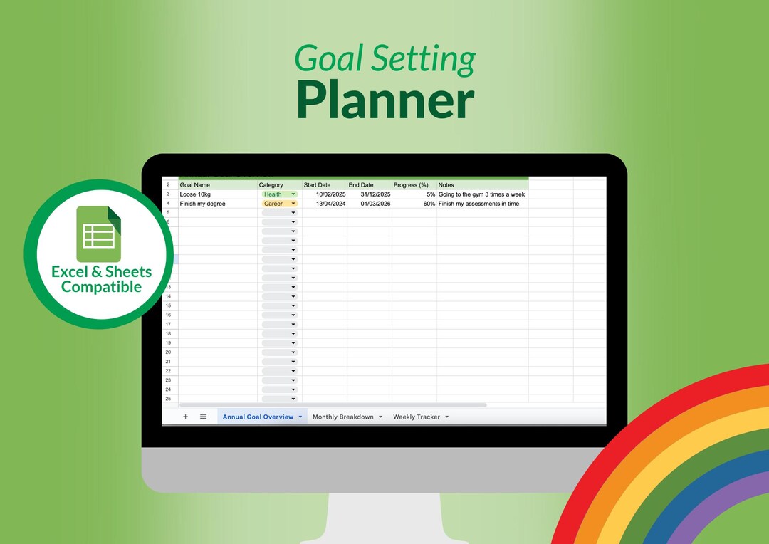 Excel Goal Setting and Tracking Planner, Google Sheets Goal Setting and ...