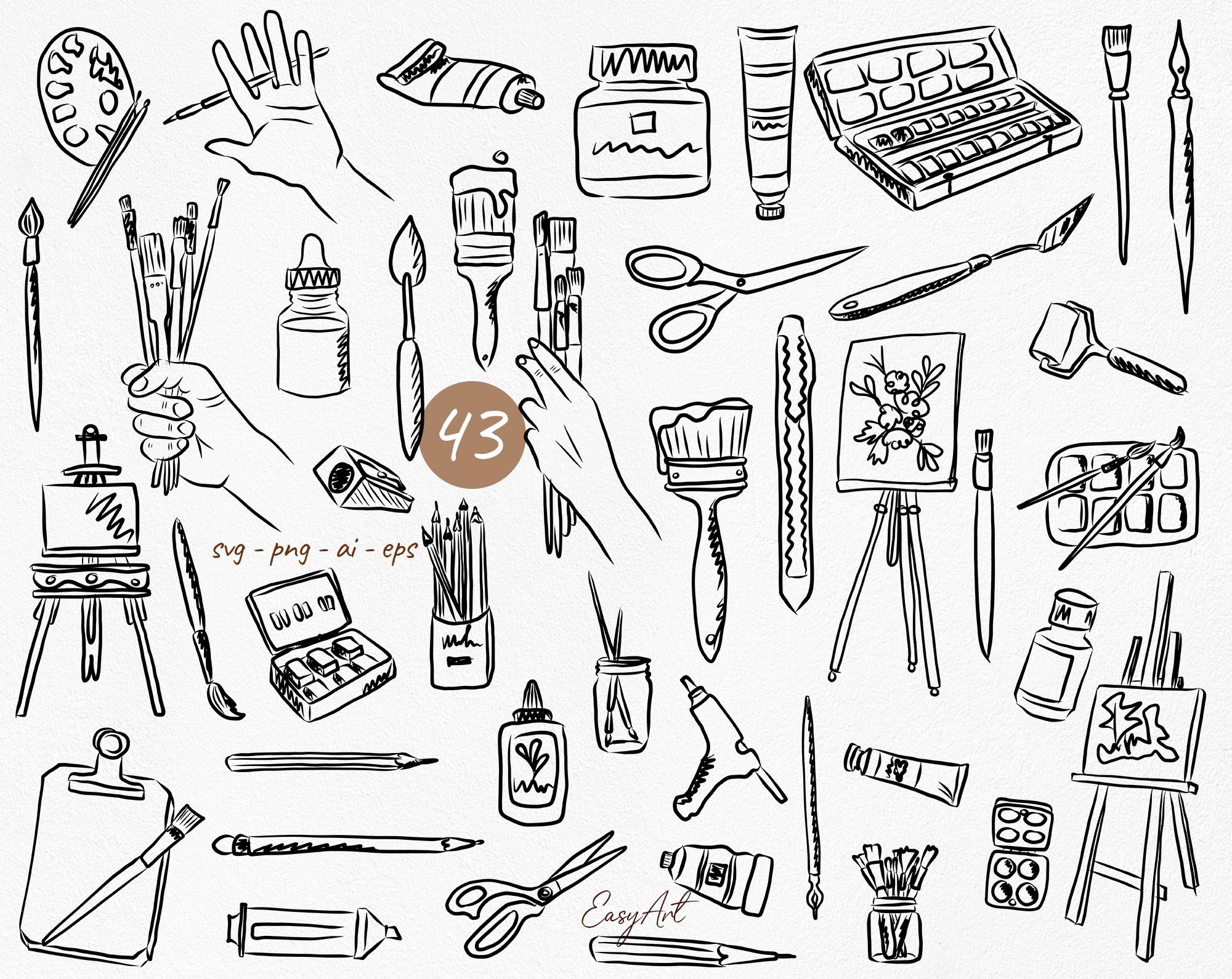 Hand Drawn Artist Illustration Bundle Set, SVG, PNG, Outline Art ...