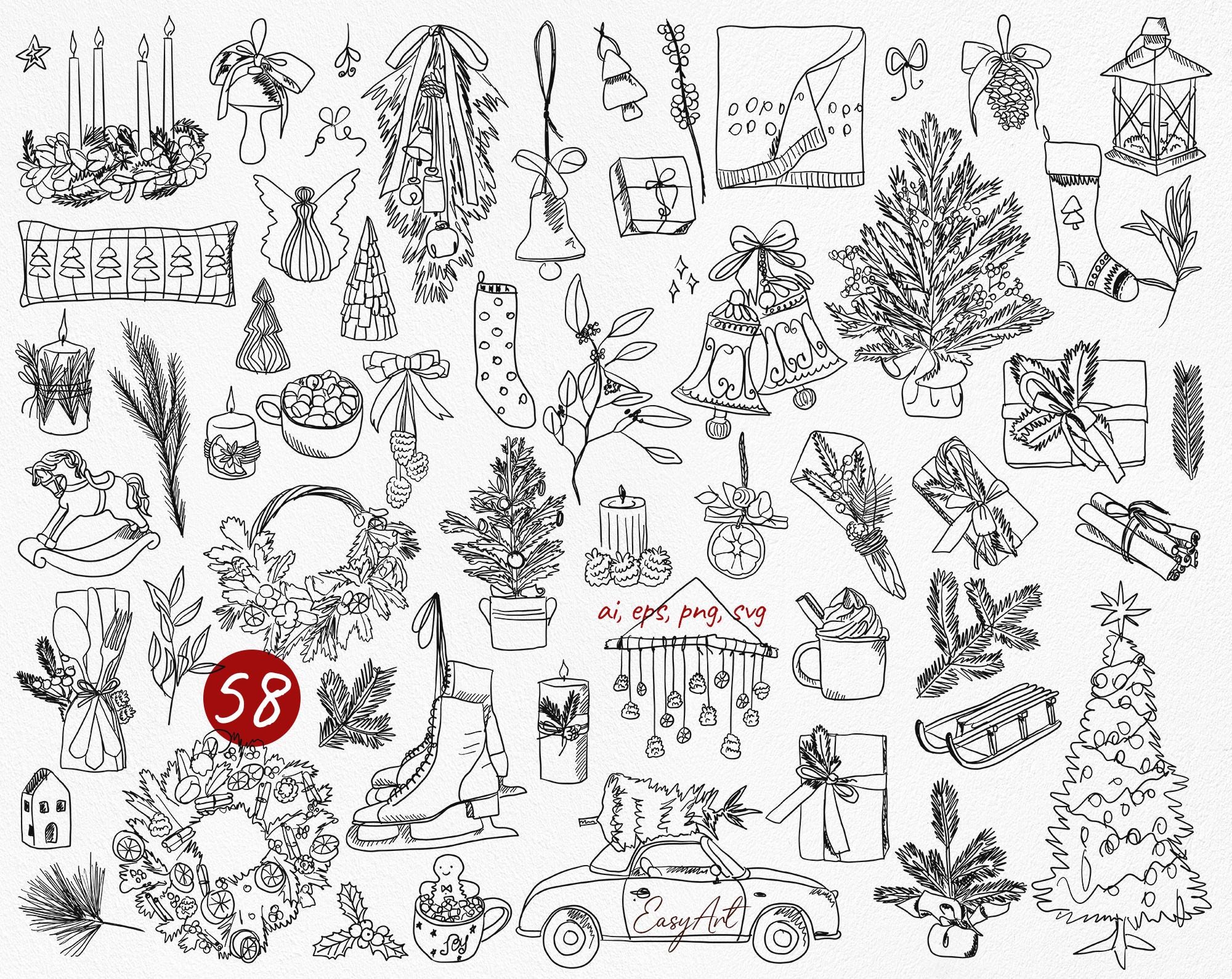 Christmas Bundle SVG Clipart, Hand Draw Icons, Outline Christmas ...
