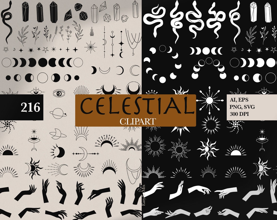 Celestial Clipart, Moon Phase Svg, Mystical Vector Icons, Sun and Moon ...