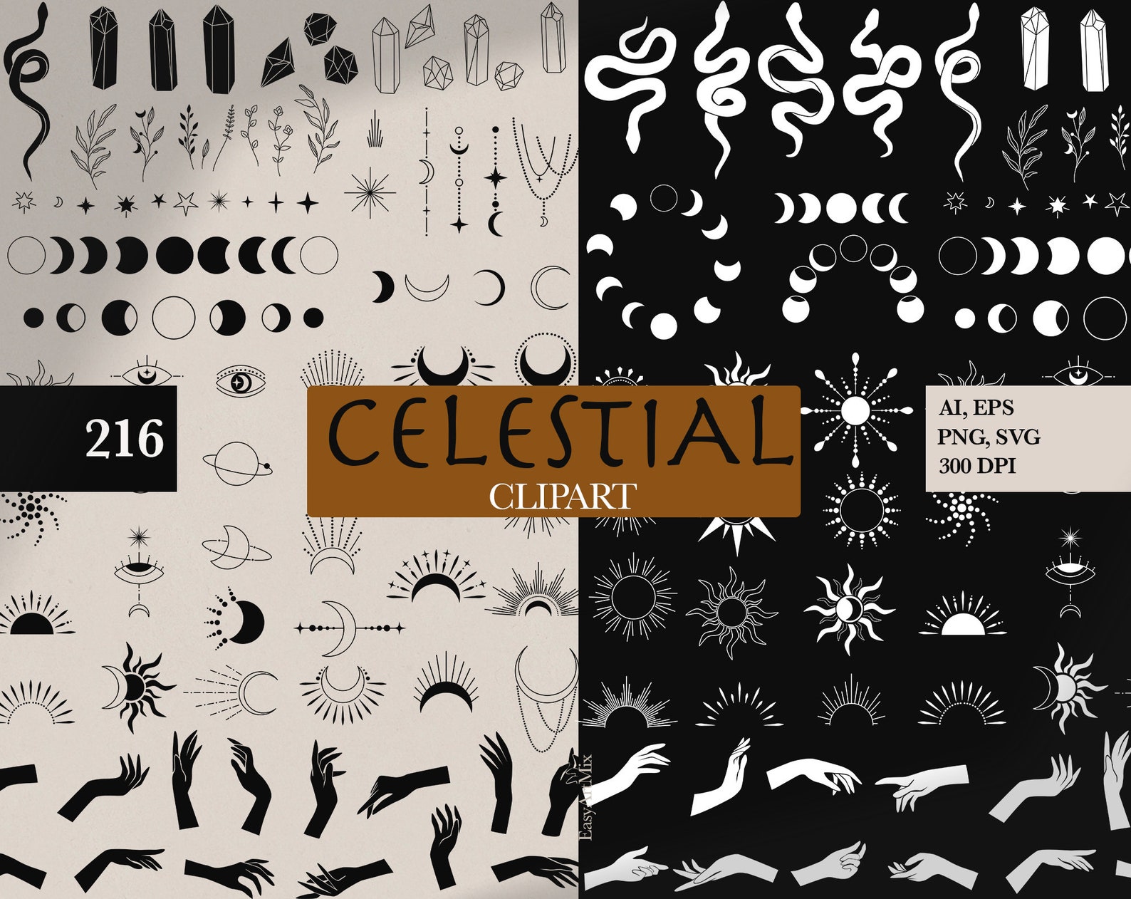 Celestial Clipart, Moon Phase Svg, Mystical Vector Icons, Sun and Moon ...