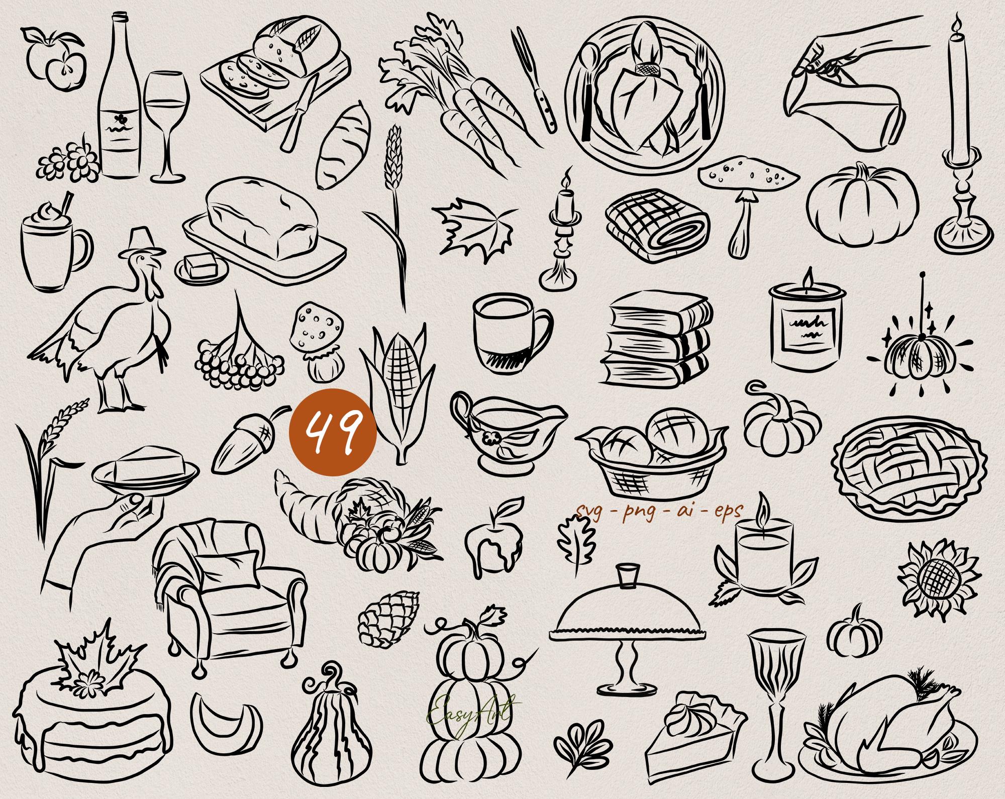 Hand Drawn Thanksgiving Clipart Bundle Set, Whimsical Fall SVG PNG EPS ...