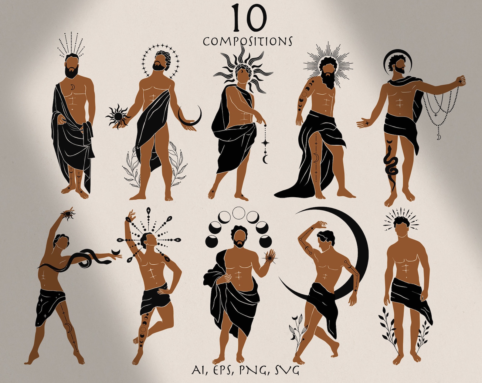 Gods Clipart, Deity SVG, Celestial Men Clipart, Mystical Vector, Moon ...