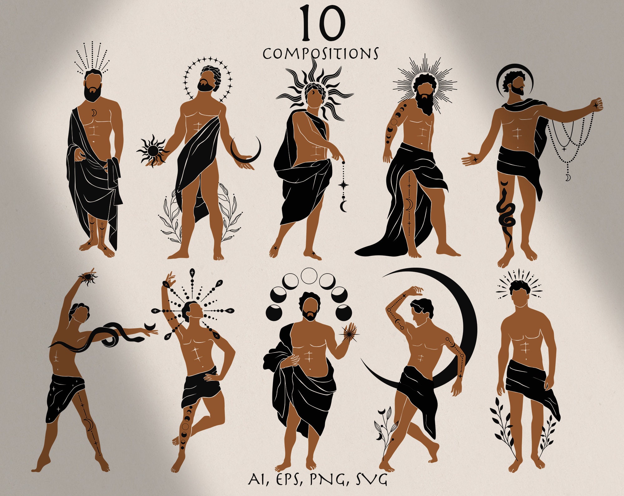 Gods Clipart, Deity SVG, Celestial Men Clipart, Mystical Vector, Moon ...
