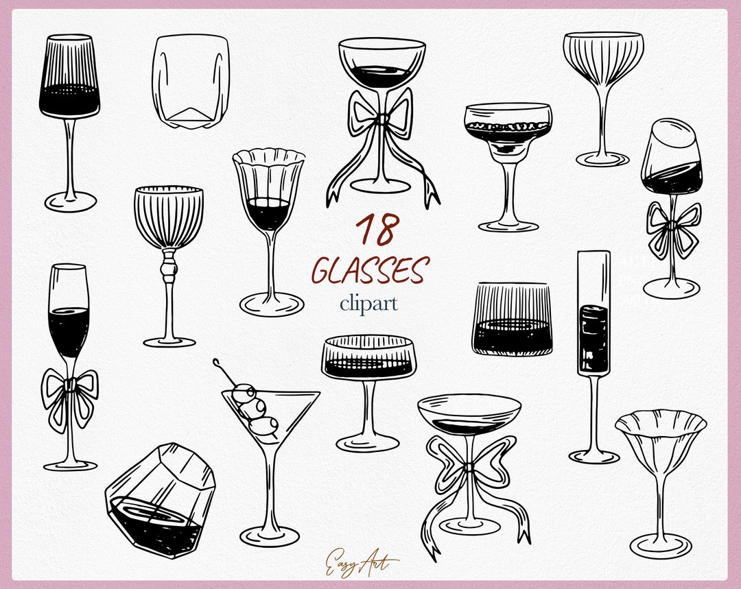 Line Glass Clipart, Hand Draw SVG, Outline Wine Glasses PNG, Invitation ...