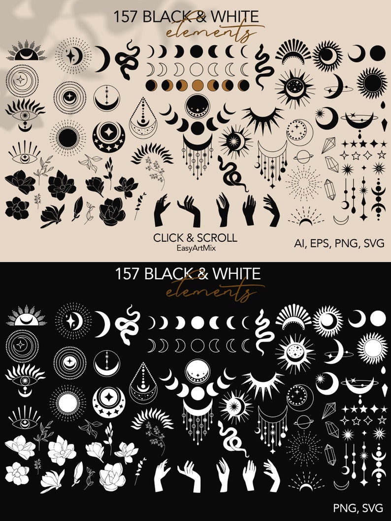 Celestial Clipart, Mystical Vector Icons, Sun and Moon Vector Clipart ...