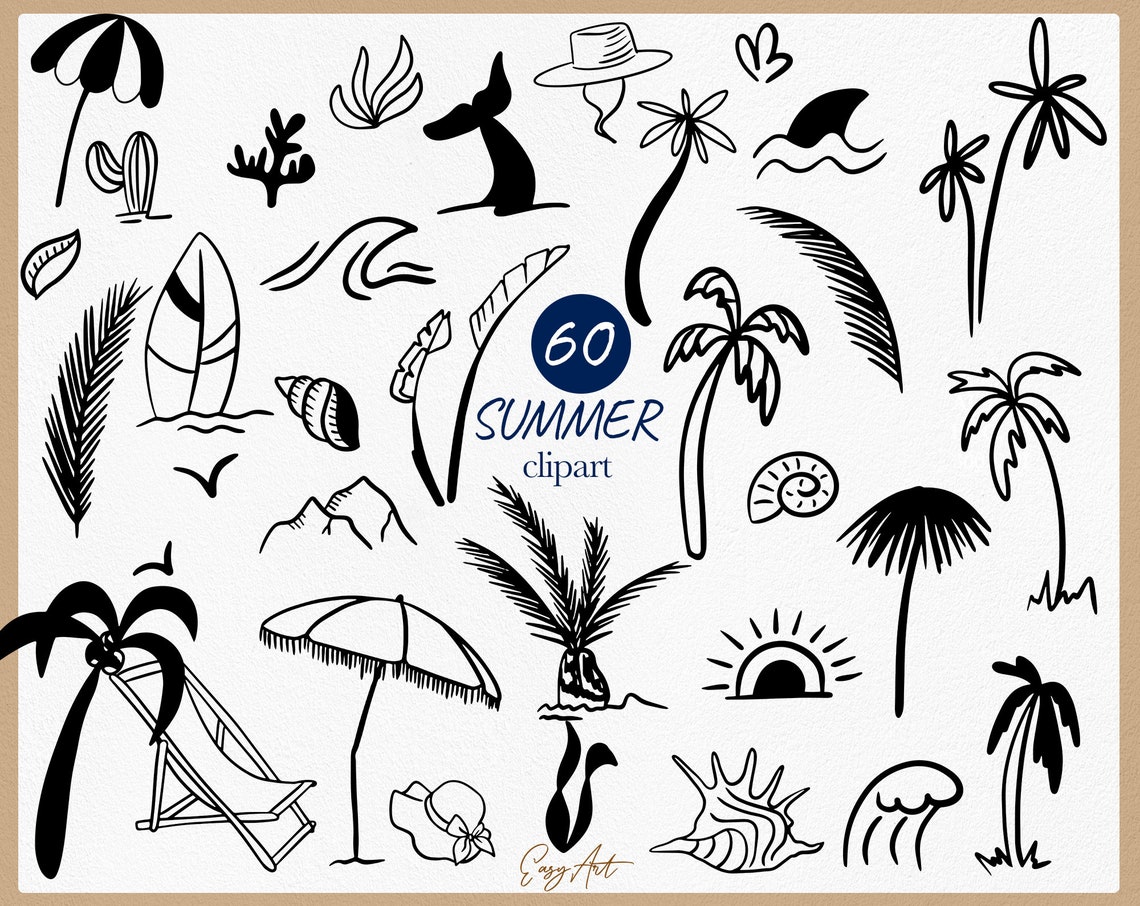 Summer Line Clipart, Hand Draw SVG, Outline Logo Clipart, Palm Trees ...