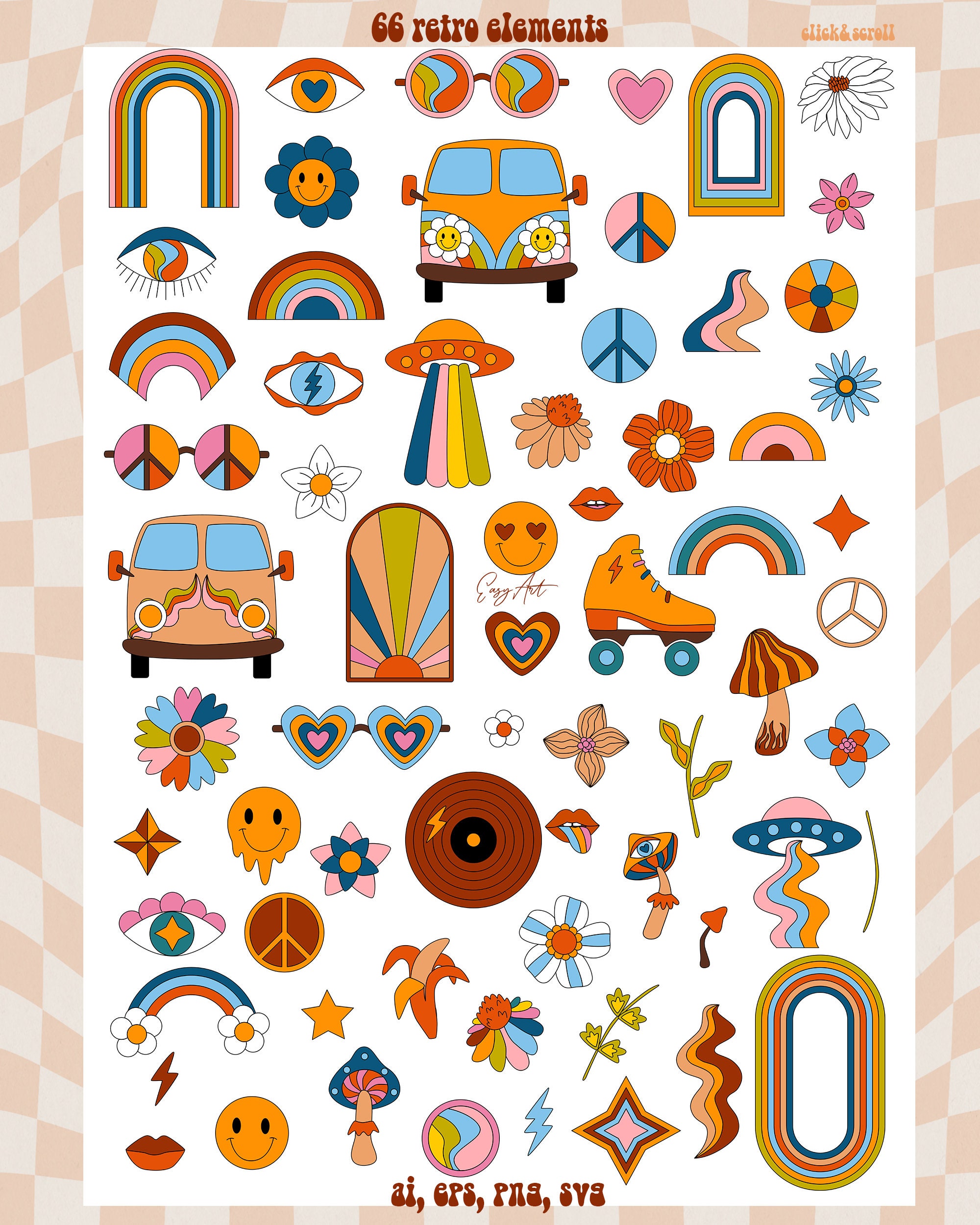 Retro Clipart, Groovy Flowers SVG, 70's Clipart, Groovy Boho, Hippie ...