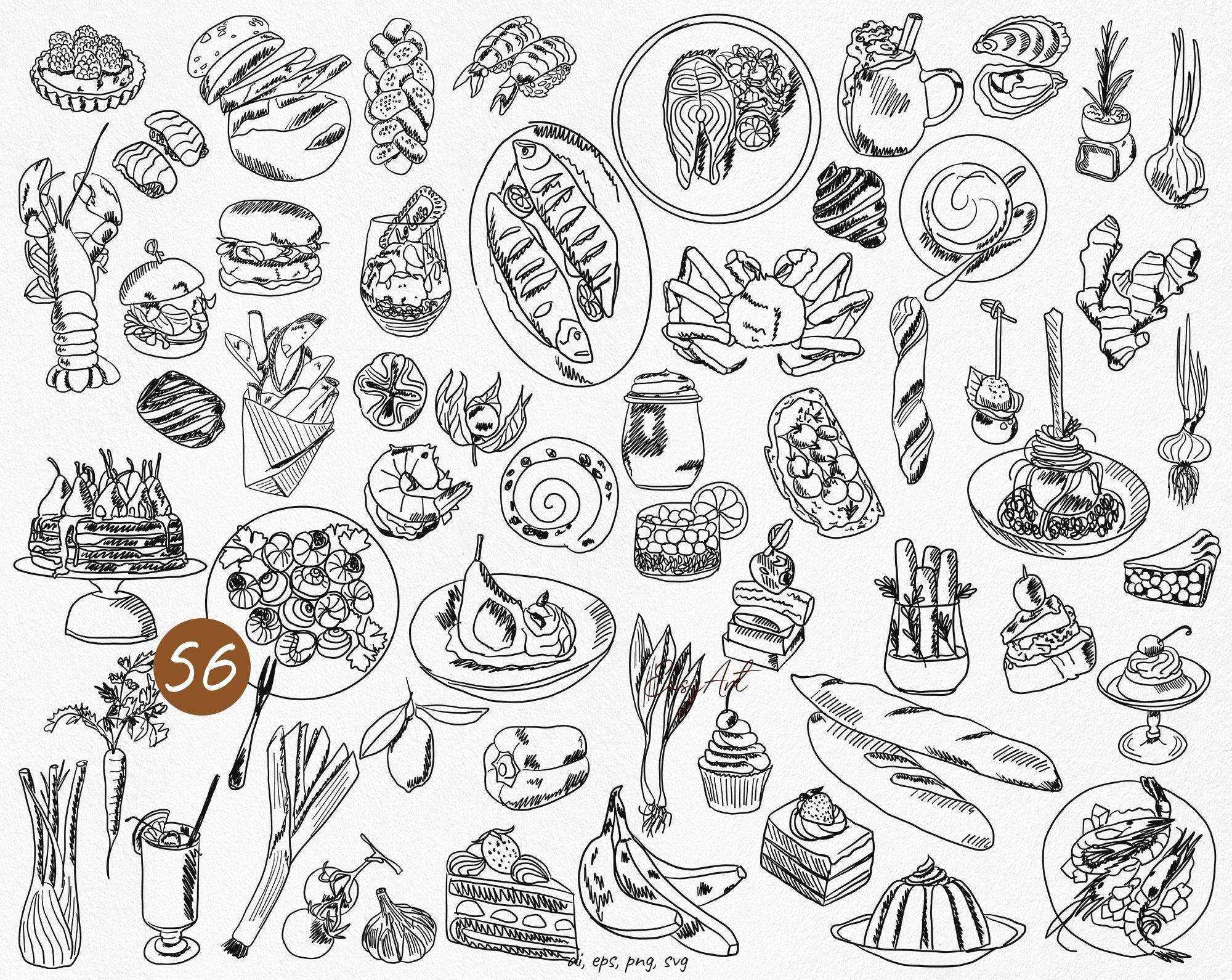 Hand Drawn Food SVG, Outline Wedding Menu, Menu Illustration, Doodle ...