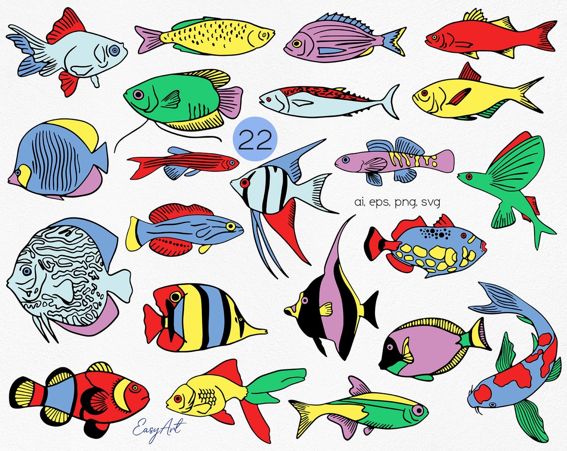 Color Fish Clipart, Hand Draw SVG, Sea Fish PNG, Invitation Template ...