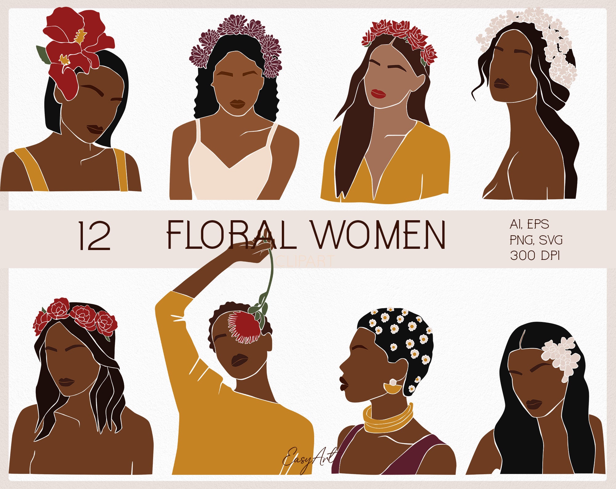 Floral Woman Clipart, Black Female SVG, Boho Women Png, Women With ...