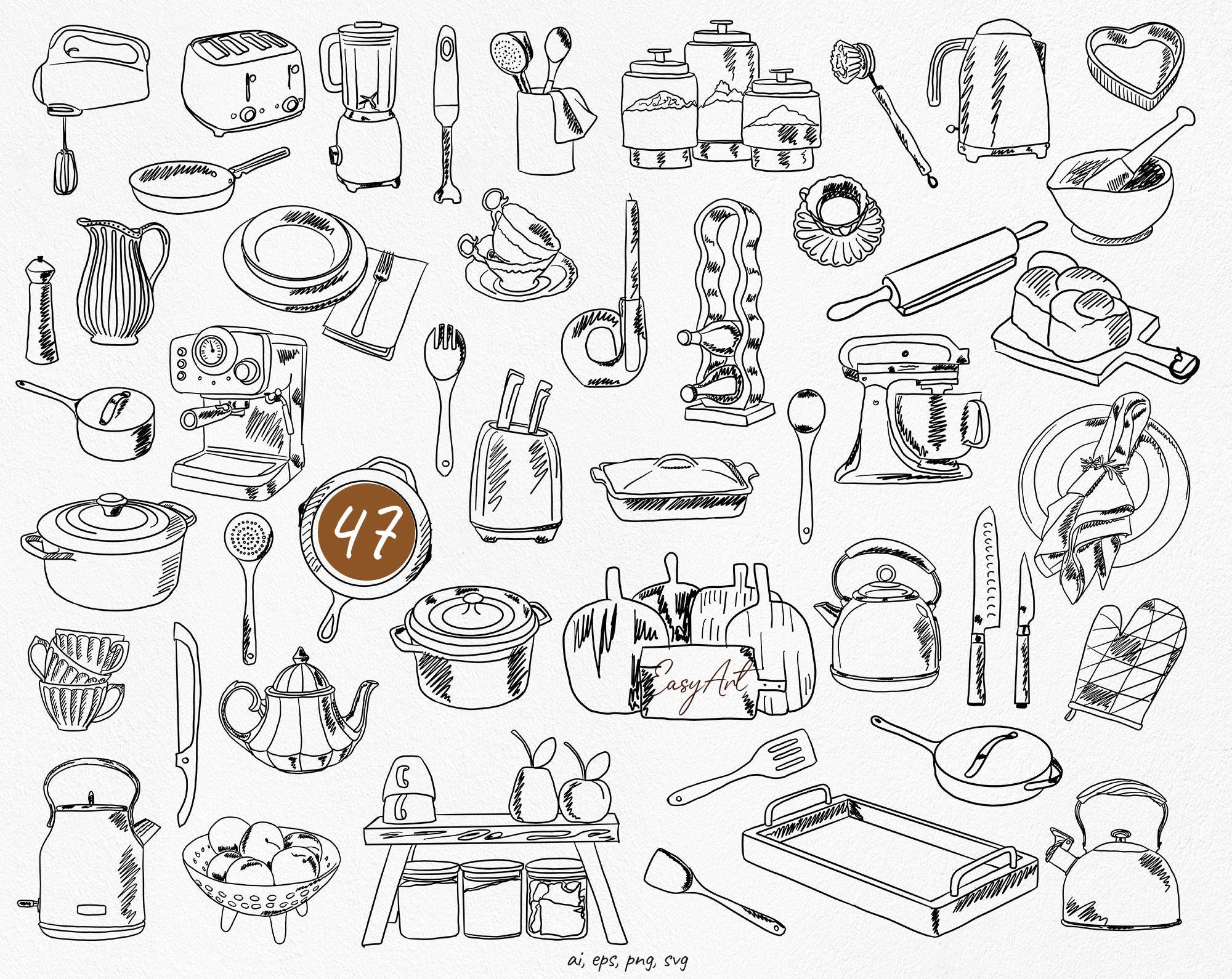 Kitchen SVG Clipart, Hand Draw Icons, Outline Kitchen Invitations, DIY ...