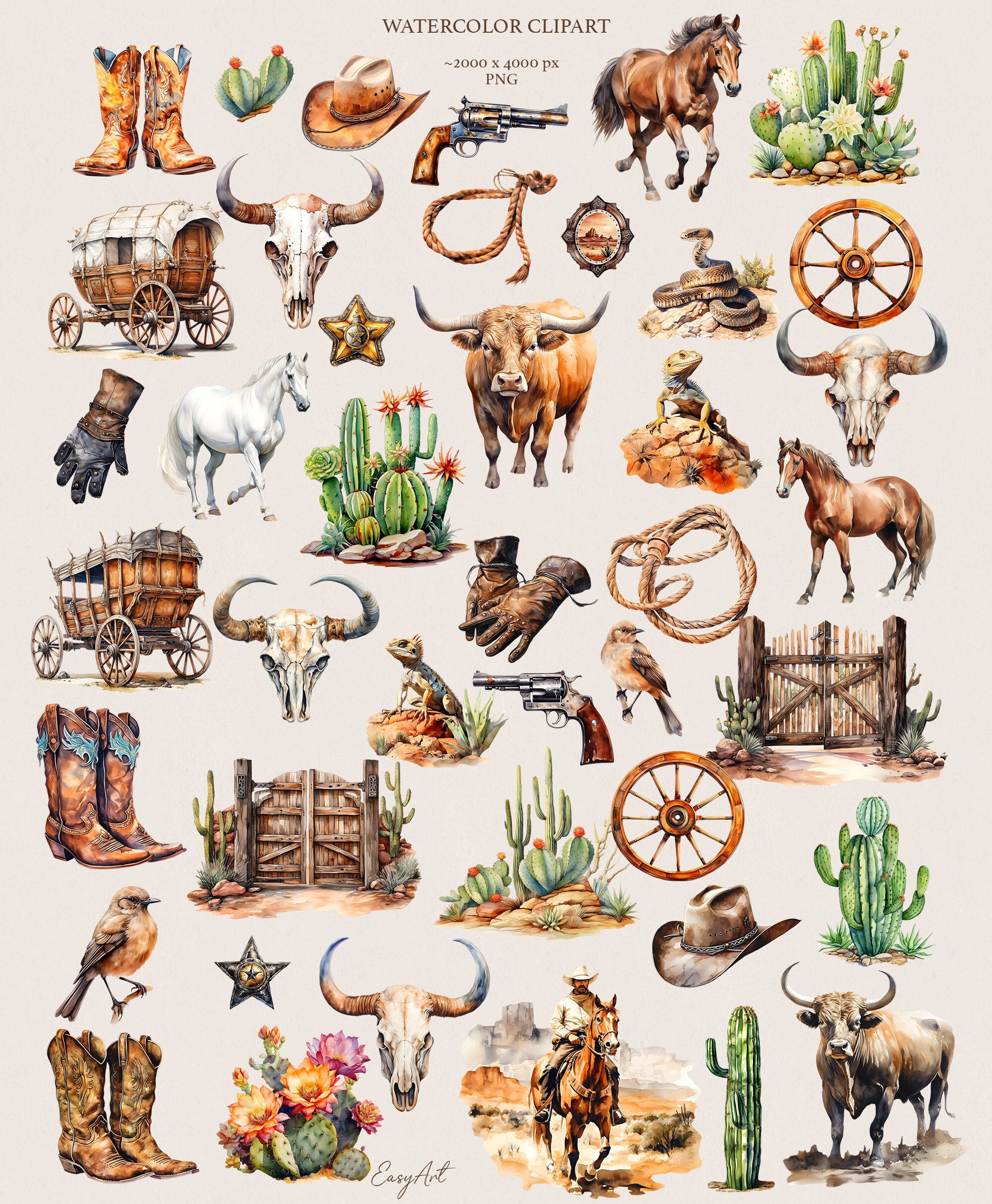 Wild West Watercolor Clipart, Western Cowboy Clipart, Watercolor Cactus ...
